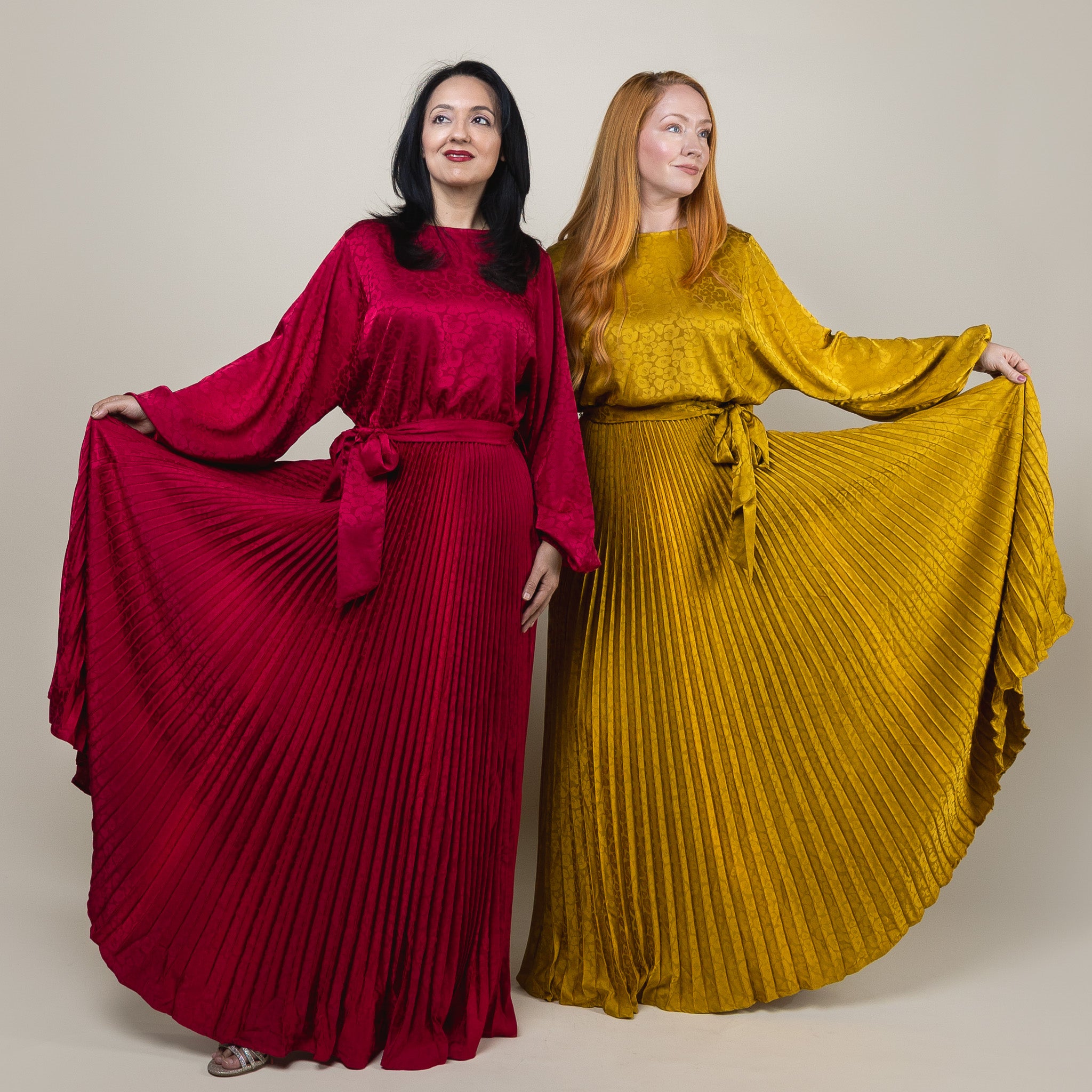 Pleated Bottom Maxi Dress With Dramatic Long Sleeve – Chammeli